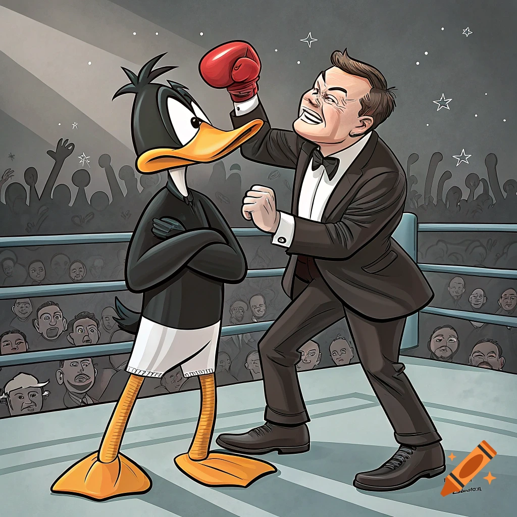 Cartoon illustration of a duck character facing off against a man in a ...