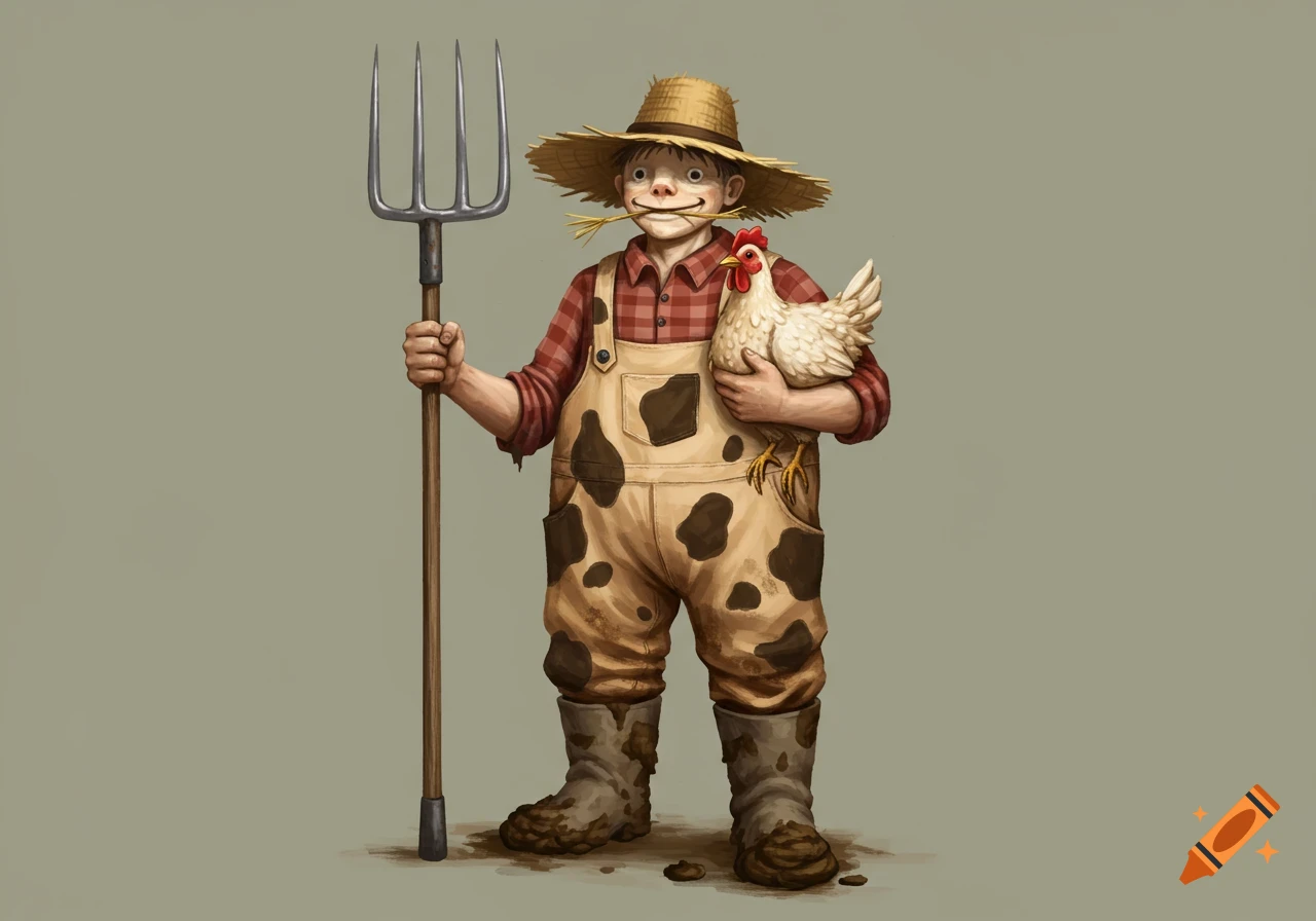 Cartoon farmer with straw in mouth, holding pitchfork and chicken ...