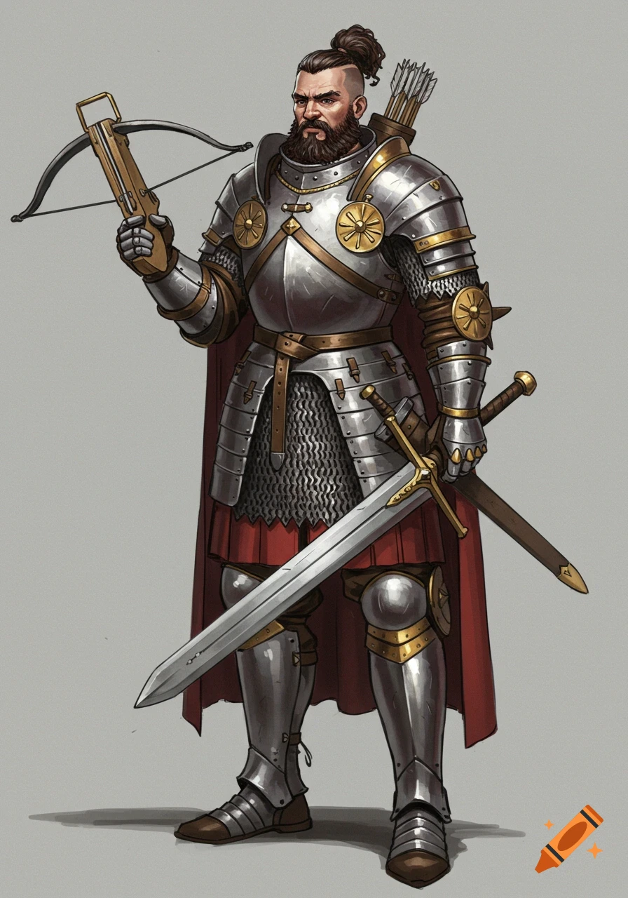 Drawing of a fantasy commander in shiny armor, holding a crossbow and ...