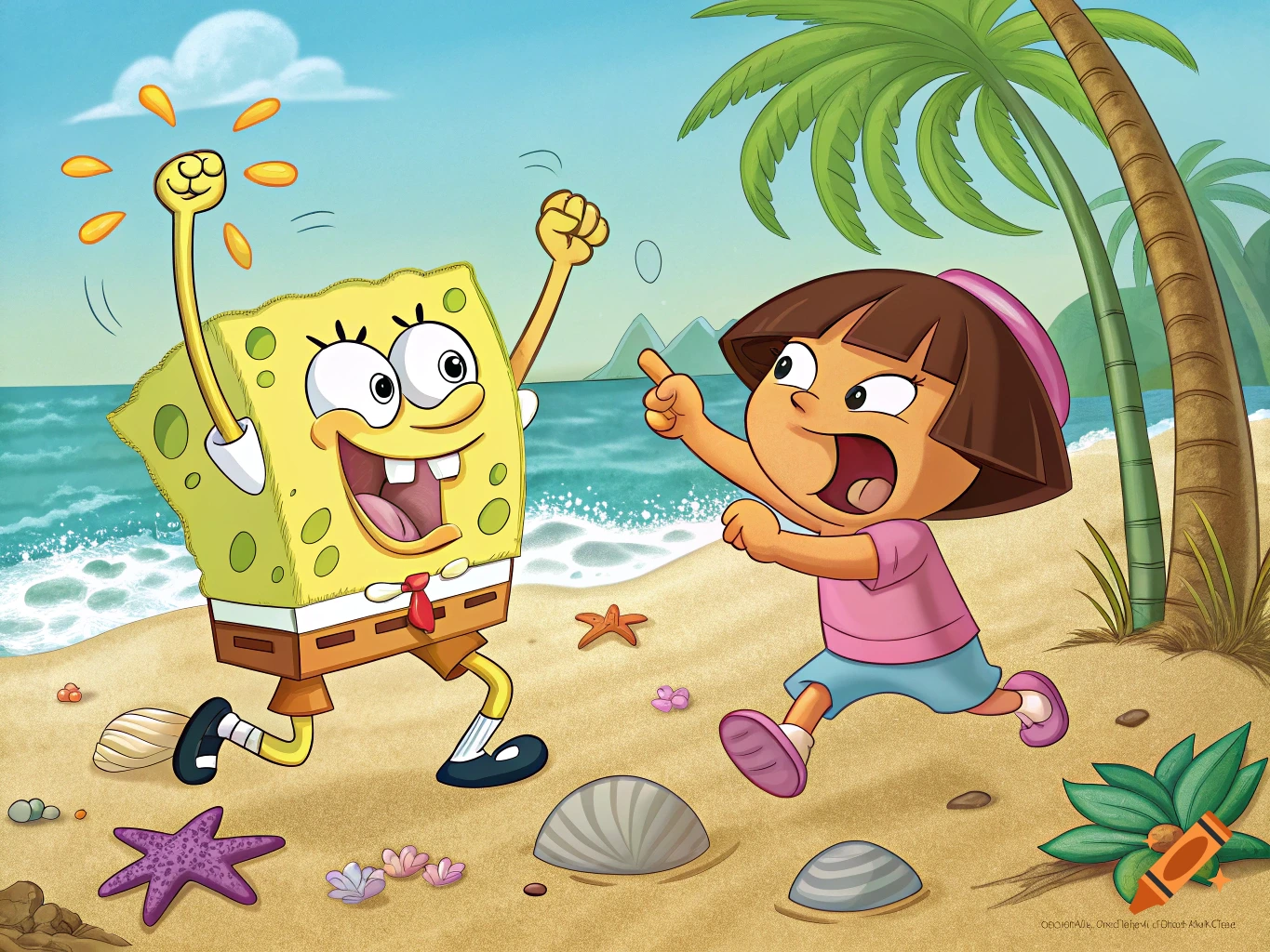 SpongeBob and Dora the Explorer excitedly run on a sunny beach. on Craiyon
