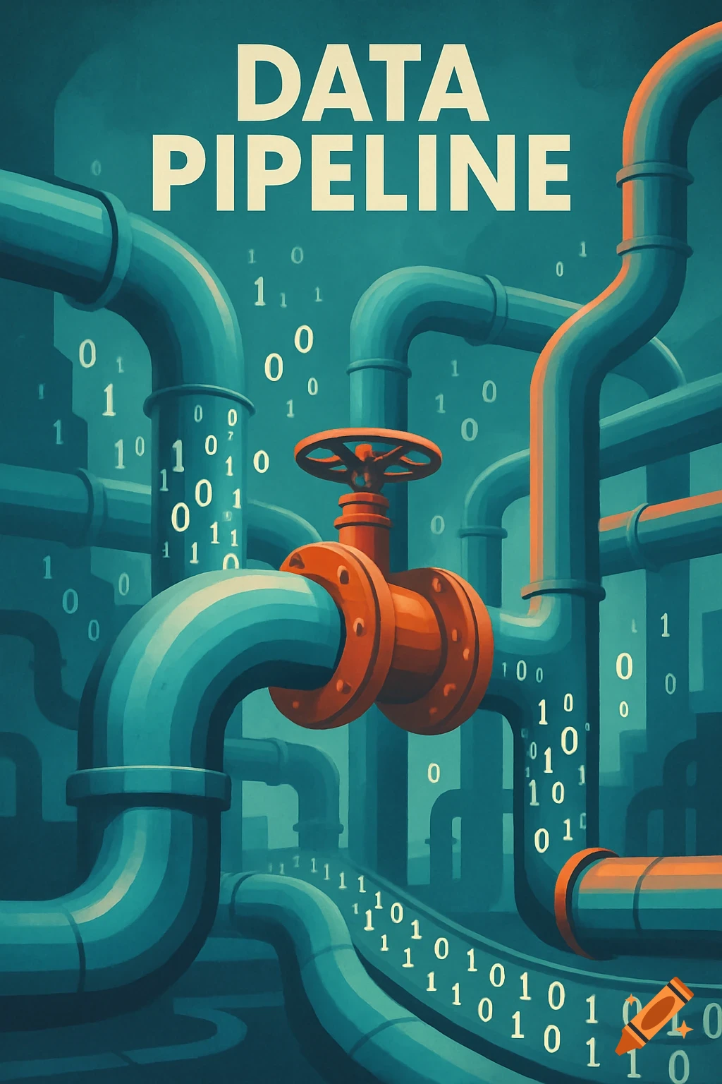 Stylized illustration of blue pipes and an orange valve with binary ...