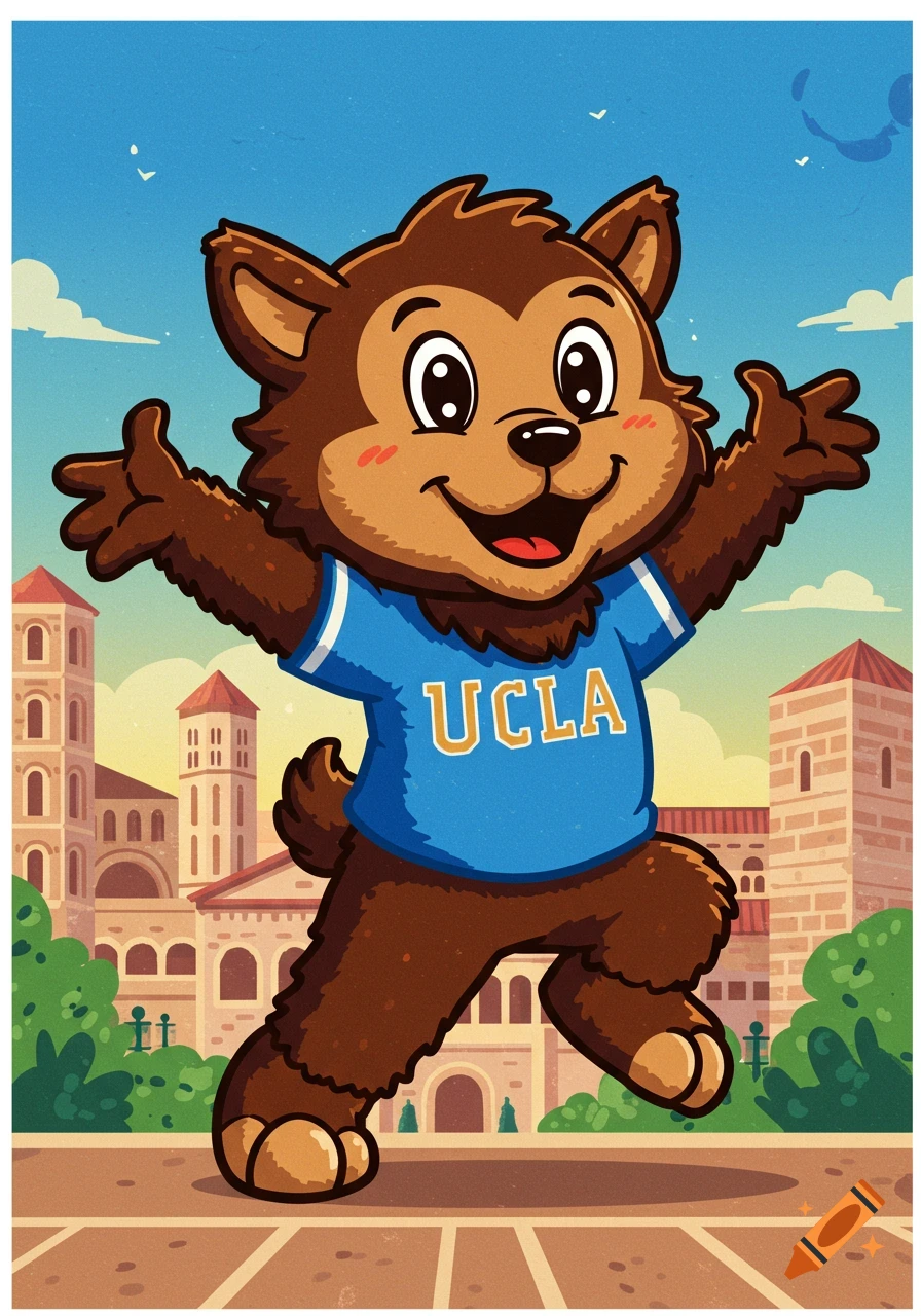 Cartoon illustration of a brown bear mascot wearing a blue UCLA shirt ...