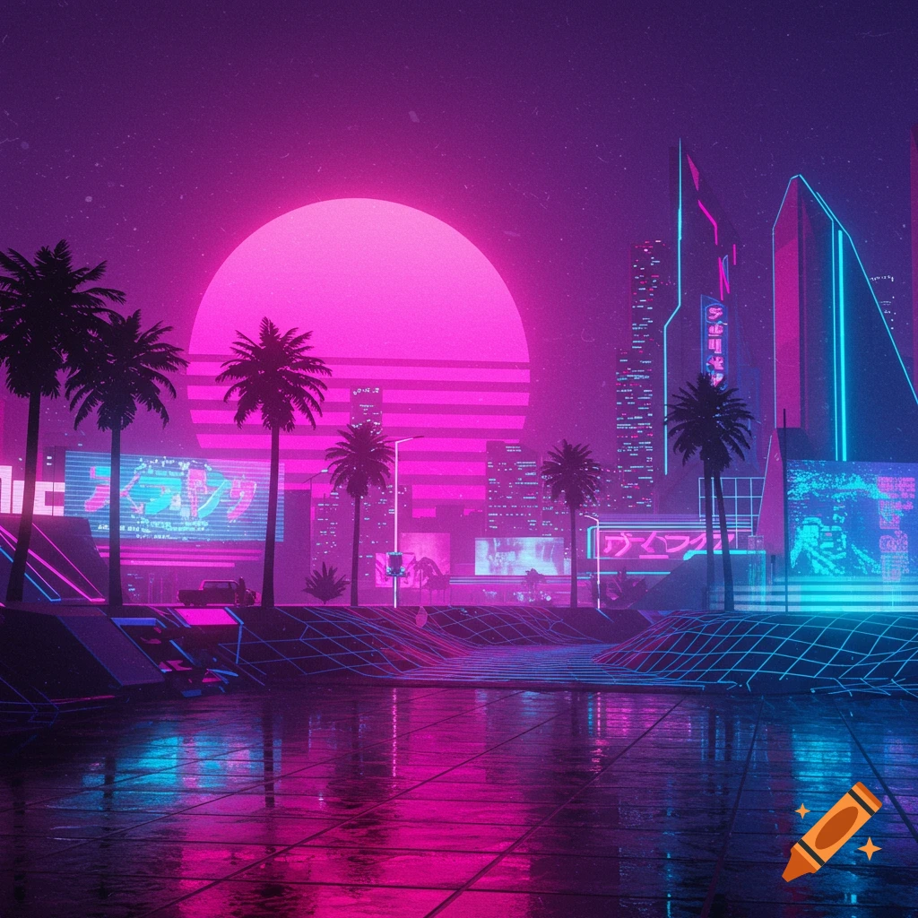 A vibrant synthwave city scene with palm trees, neon buildings, a large ...