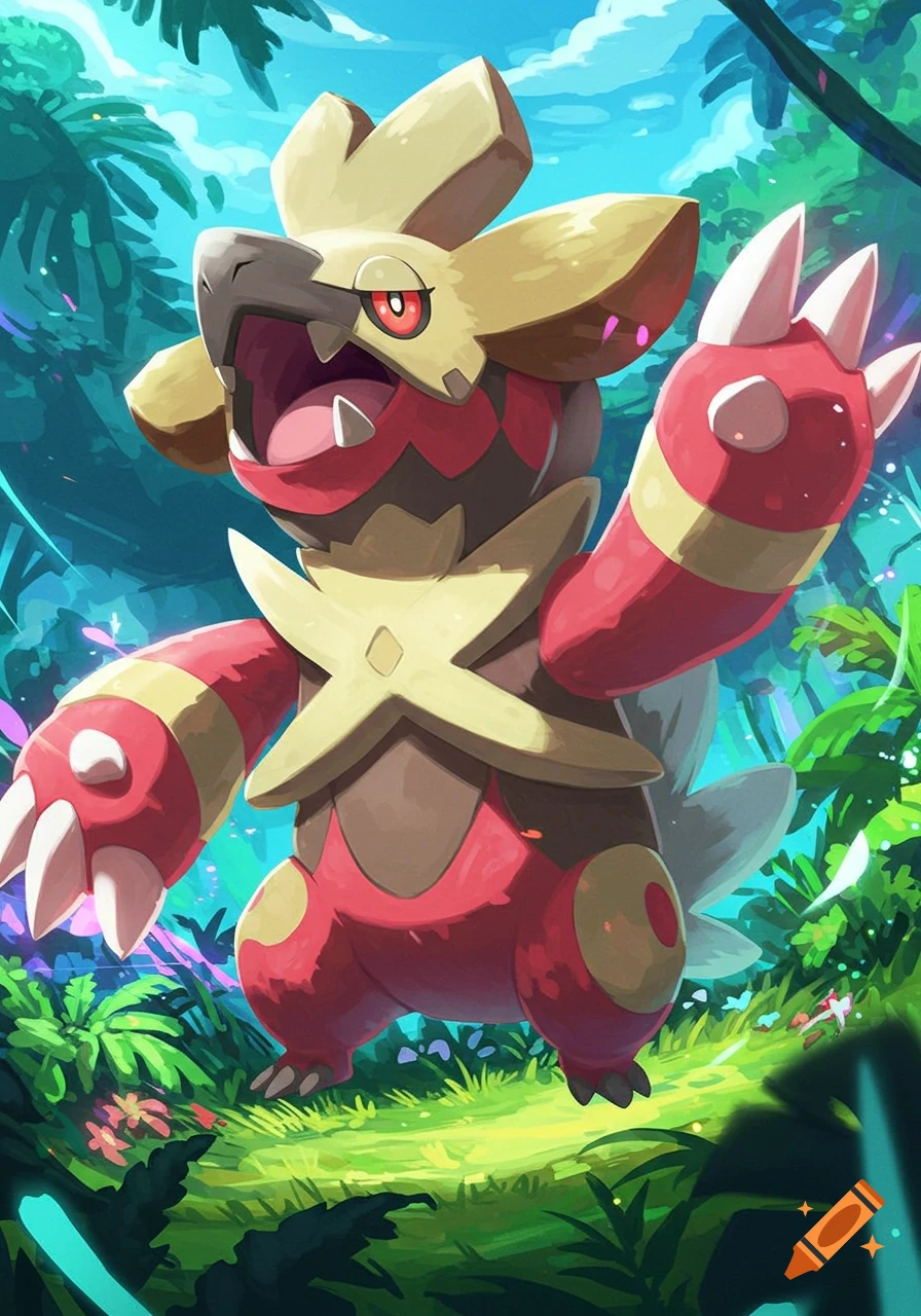 Illustration of a red and tan creature resembling a Pokemon with large ...