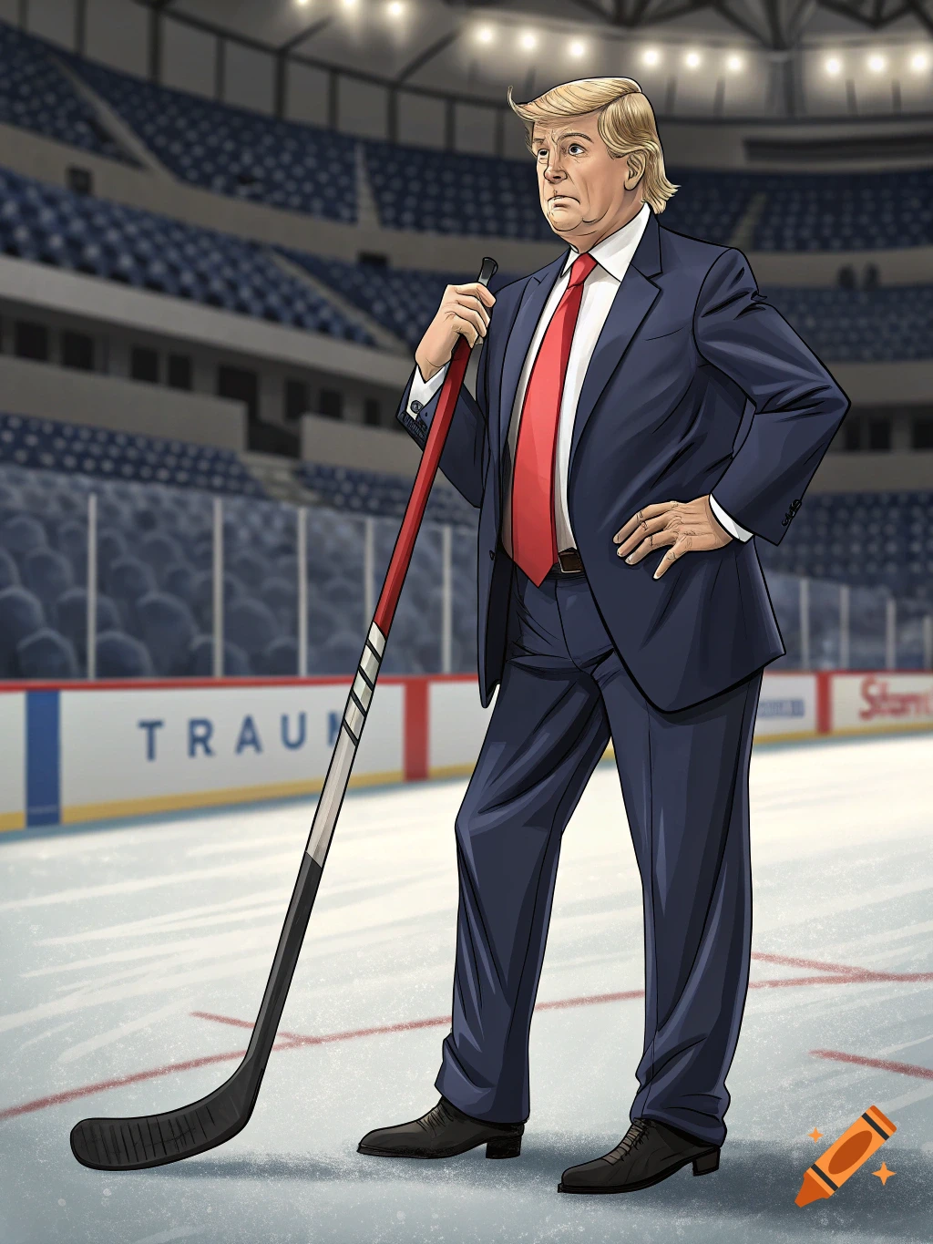 Illustration of Donald Trump in a suit with a hockey stick in a hockey ...