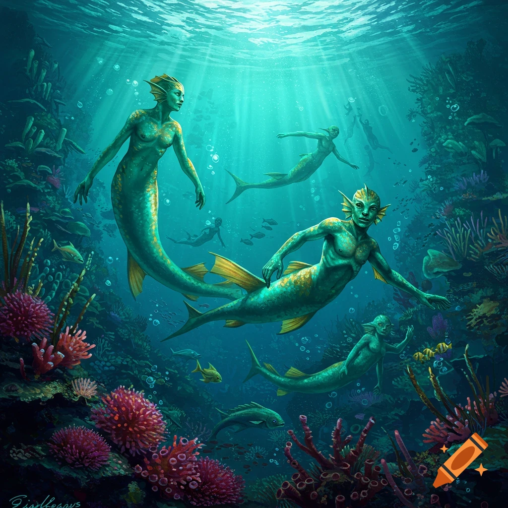 Fish-like merfolk swim through a colorful coral reef as light streams ...