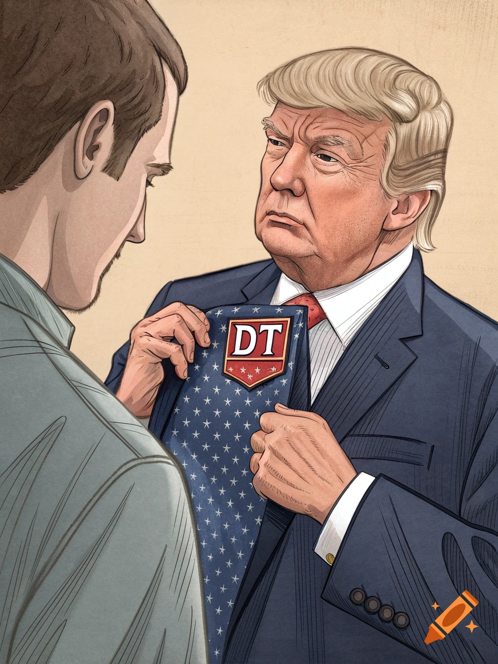 Illustration of Donald Trump holding open his jacket to show a shield ...