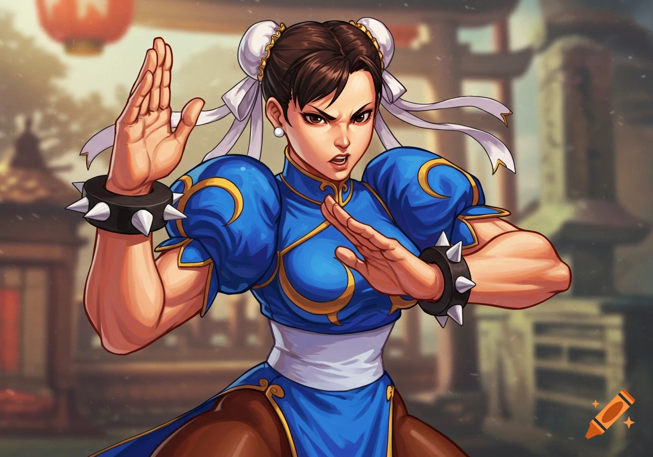 Illustration of Chun-Li from Street Fighter in a fighting stance on Craiyon