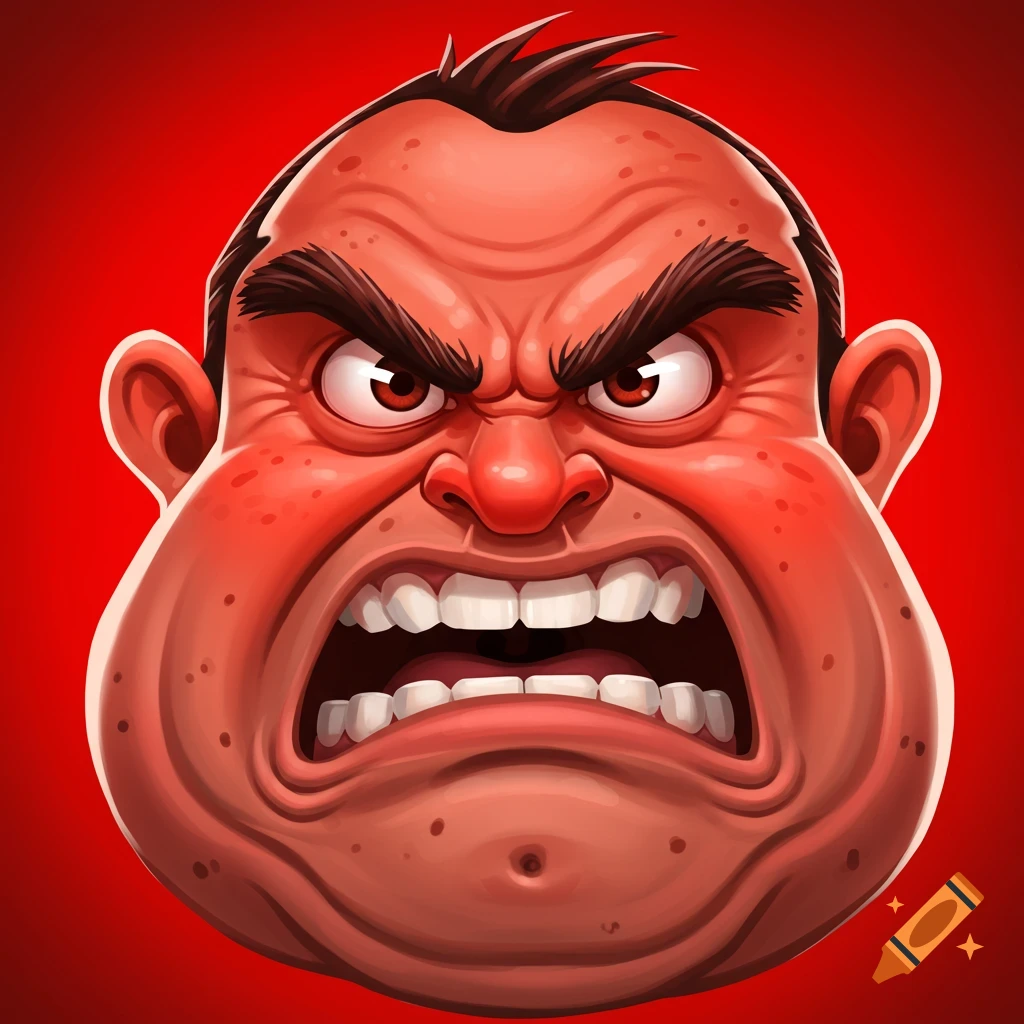 Close-up of an angry red cartoon face with wide-open mouth and bared ...