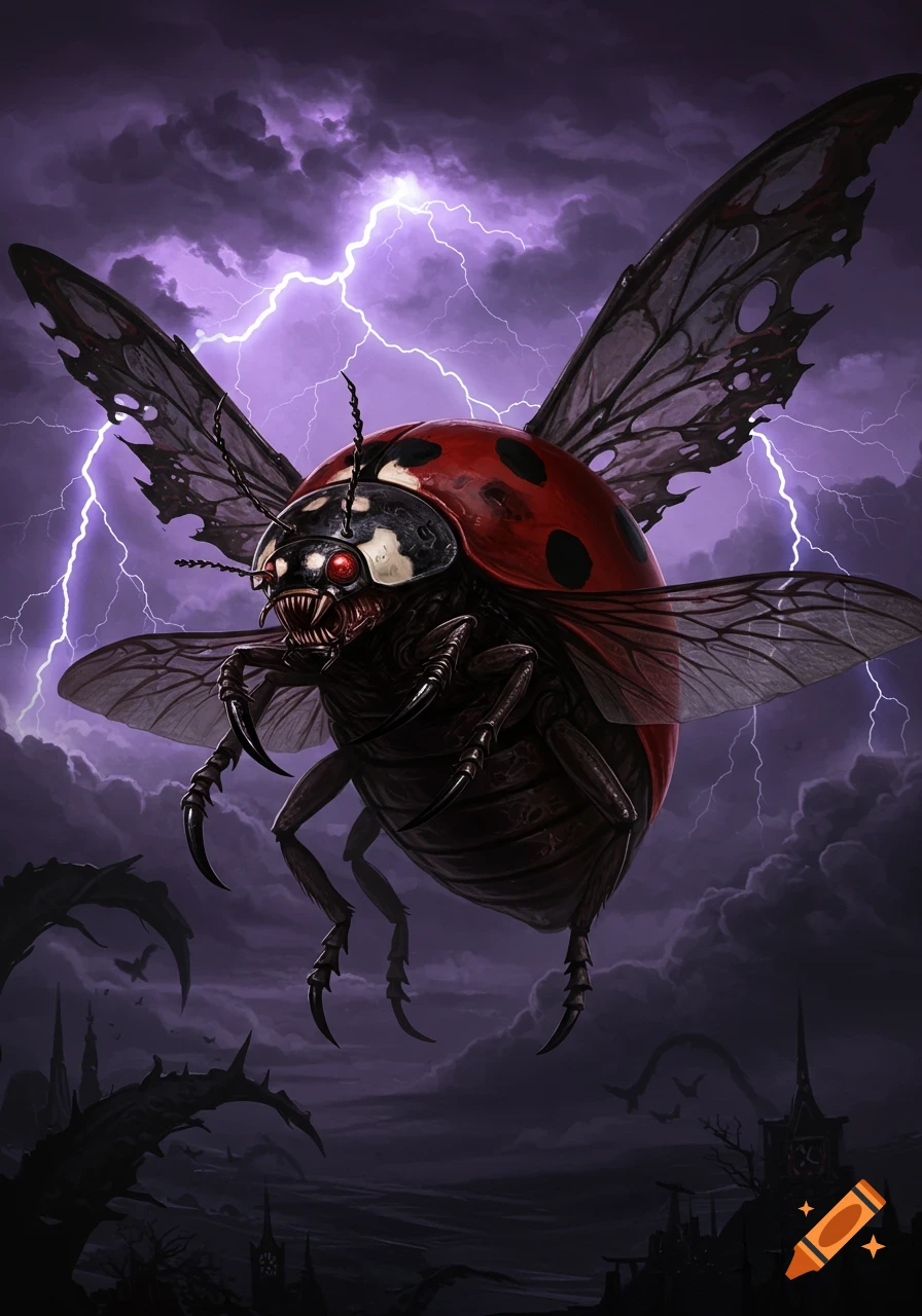 A monstrous flying ladybug with sharp teeth and claws against a dark ...