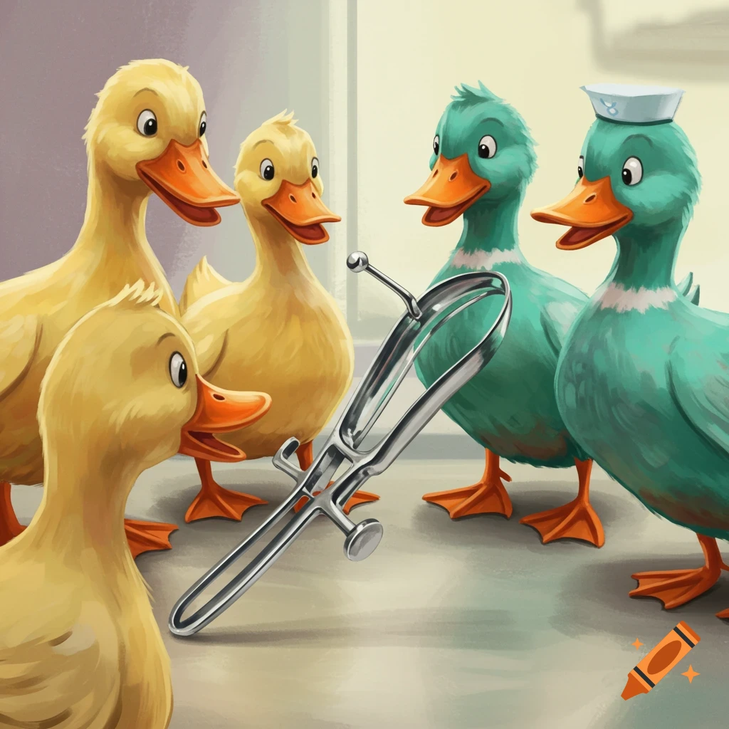 Cartoon ducks looking at a medical speculum on Craiyon
