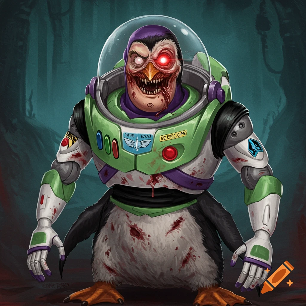 Horror illustration of Buzz Lightyear merged with a penguin, covered in ...