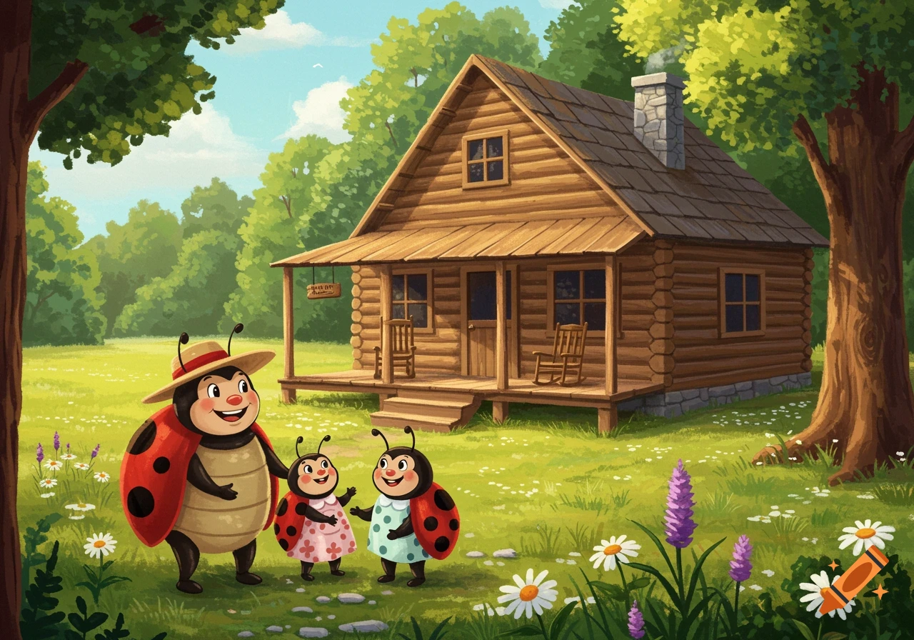 Cartoon ladybug family in a meadow in front of a log cabin. on Craiyon
