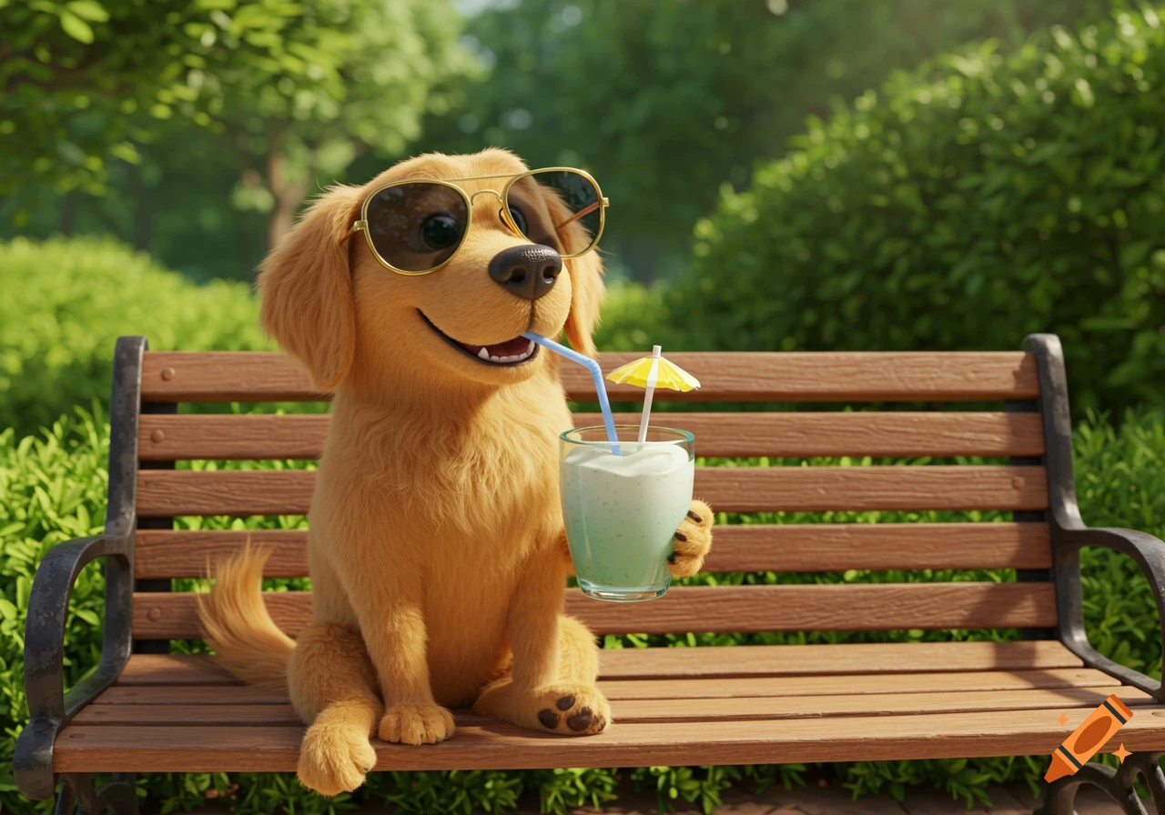 A cartoon golden retriever wearing sunglasses sits on a park bench ...