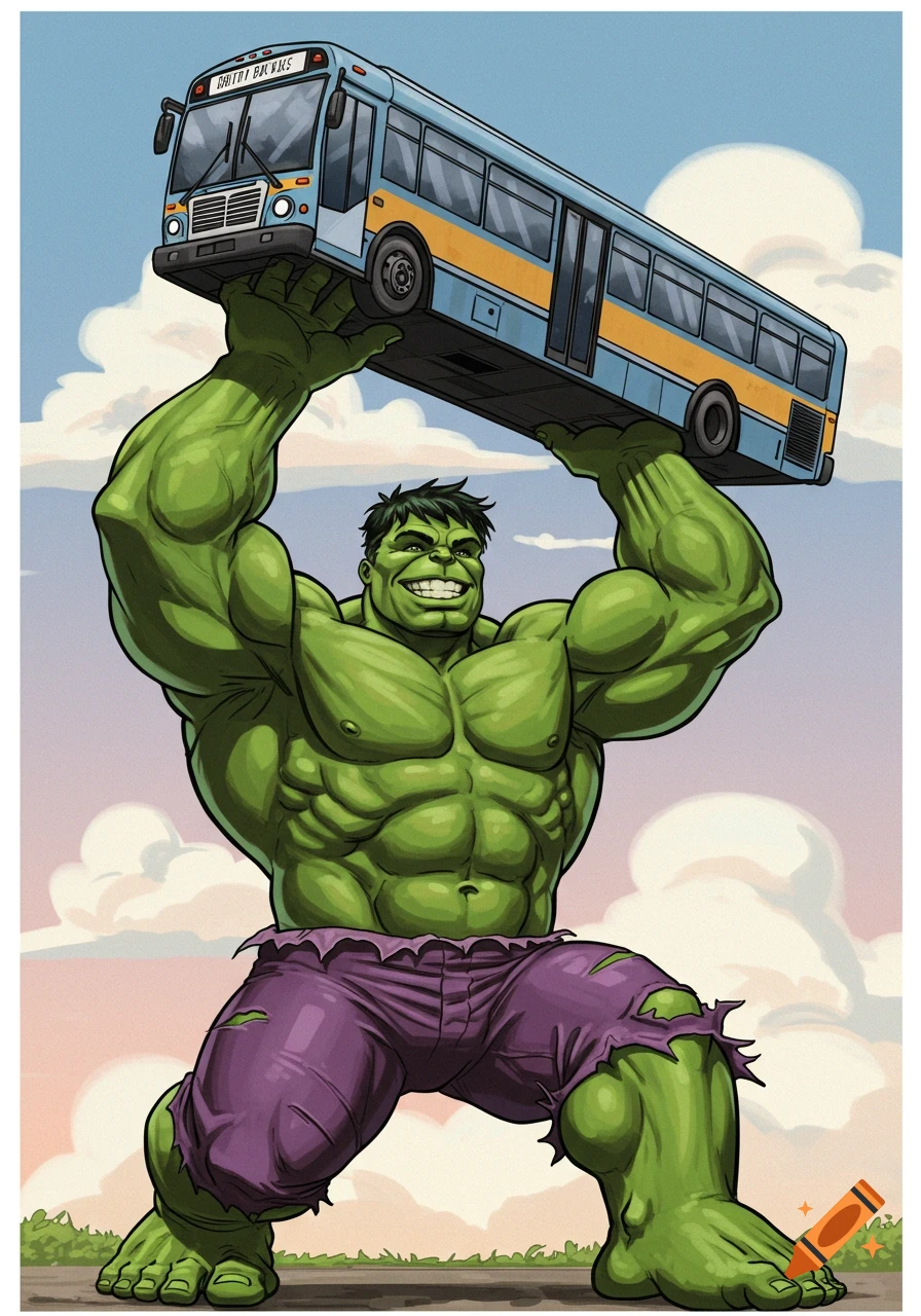 Cartoon illustration of the Hulk holding a blue and yellow bus above ...