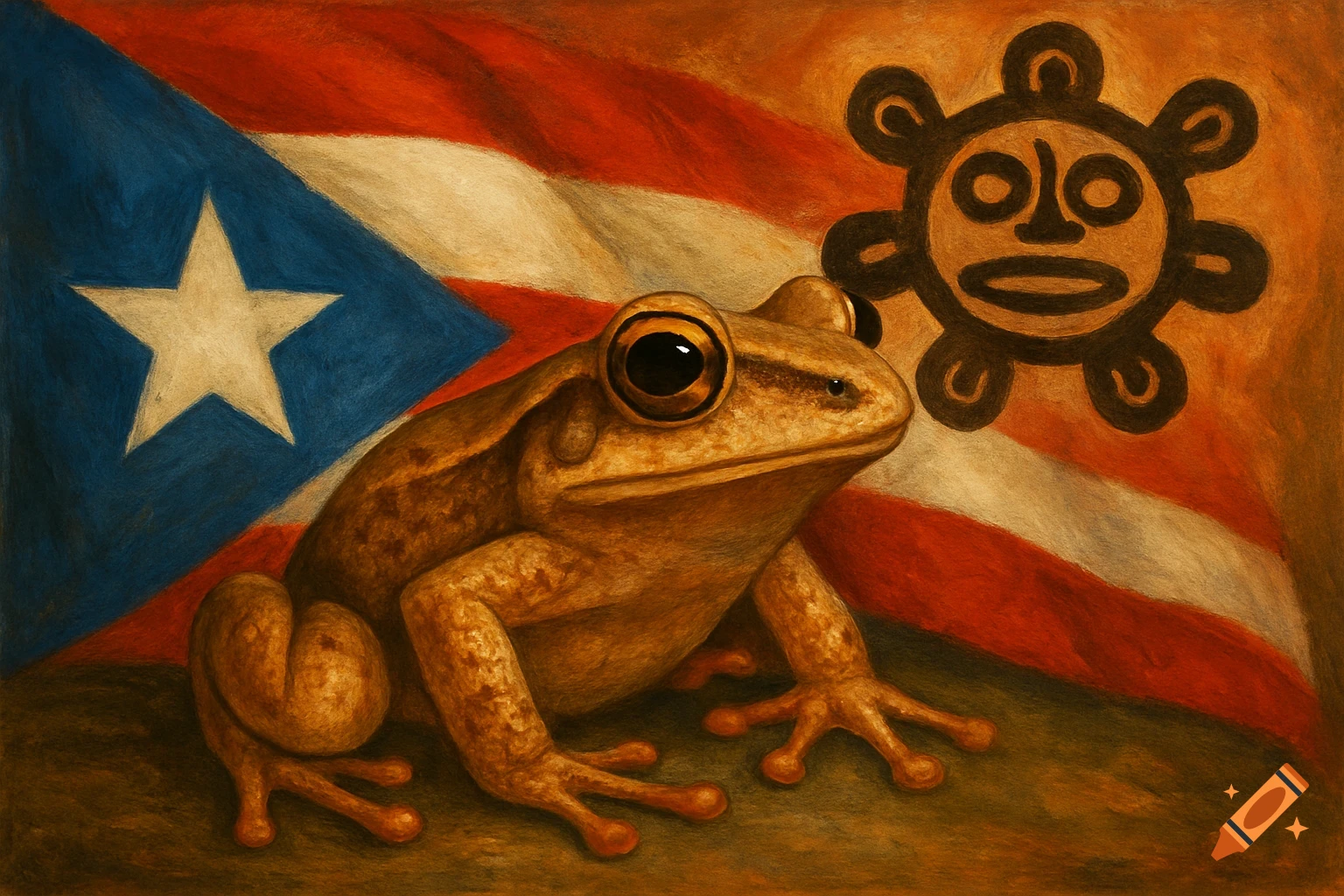 A coqui frog sits in front of the Puerto Rican flag and a Taíno sun symbol in a painting style ...