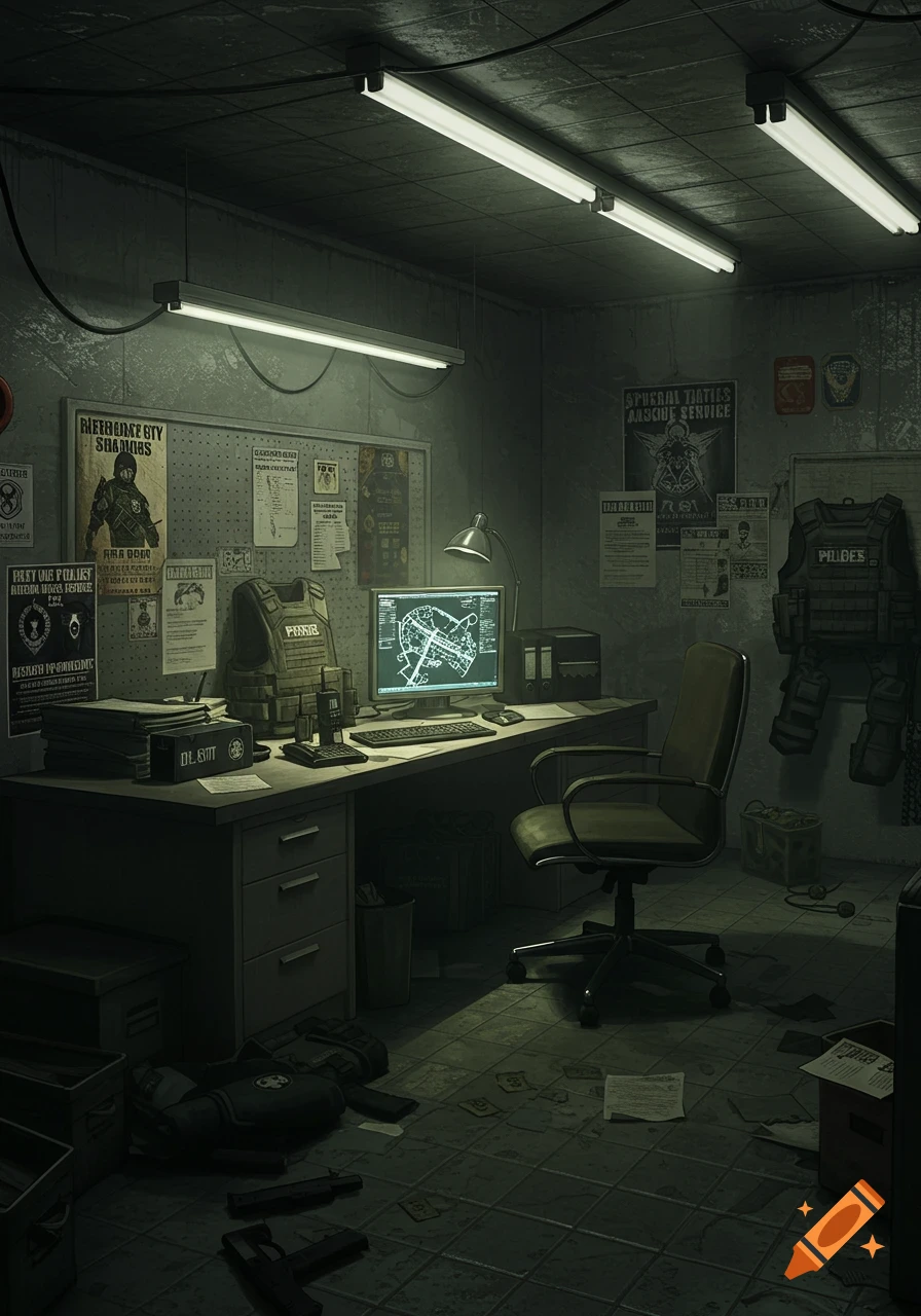Gritty, dark office with a desk, computer, tactical gear, and guns ...