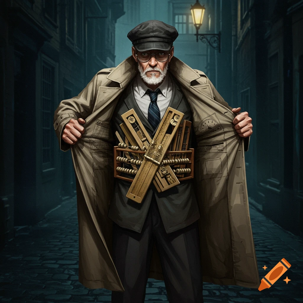 Man in trench coat shows off old math tools like slide rules and abacus ...