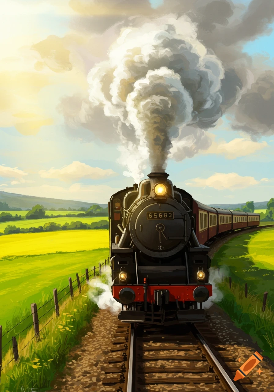 Illustration of a steam train moving through a green countryside ...