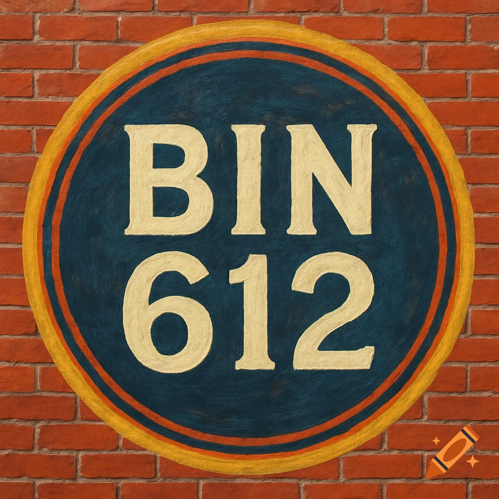 Round sign with 'BIN 612' on a brick wall. on Craiyon