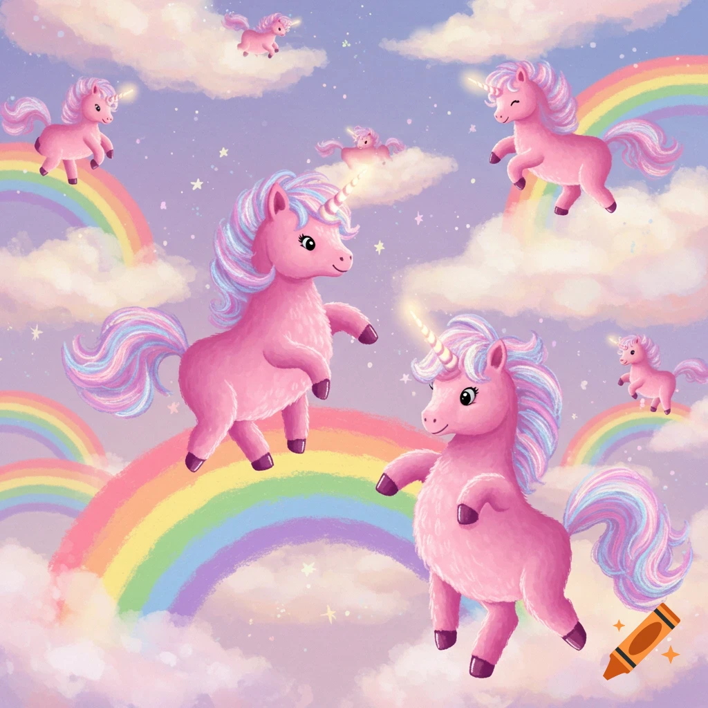 Pink fluffy unicorns flying on rainbows in a pastel sky with clouds and ...