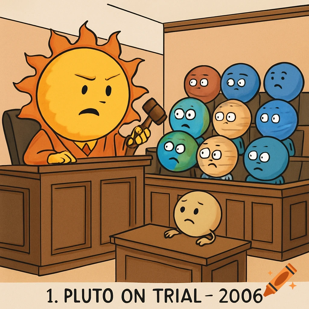 Cartoon of the Sun as a judge, planets as a jury, and Pluto on trial in ...