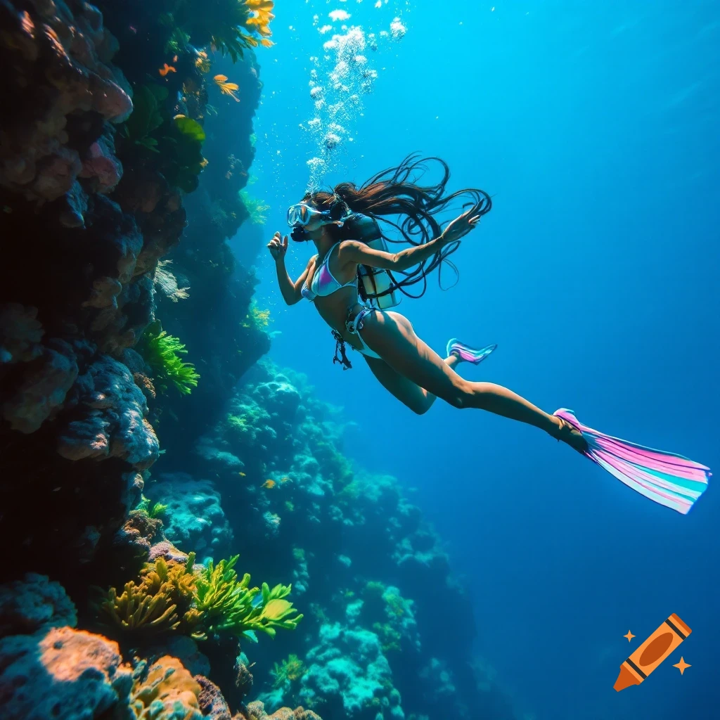 A woman in a bikini scuba diving near a coral reef in the ocean. on Craiyon