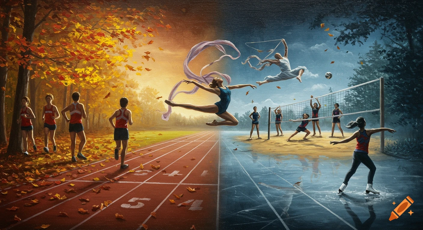 Painting of various athletes (runners, dancer, volleyball players ...