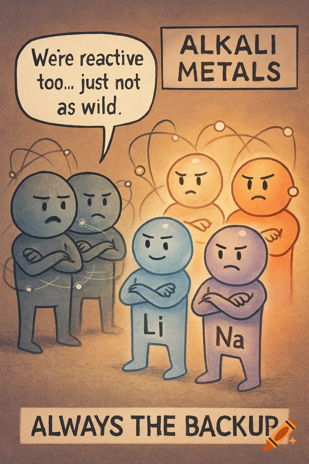 Cartoon of blue and purple elements Li and Na with arms crossed ...