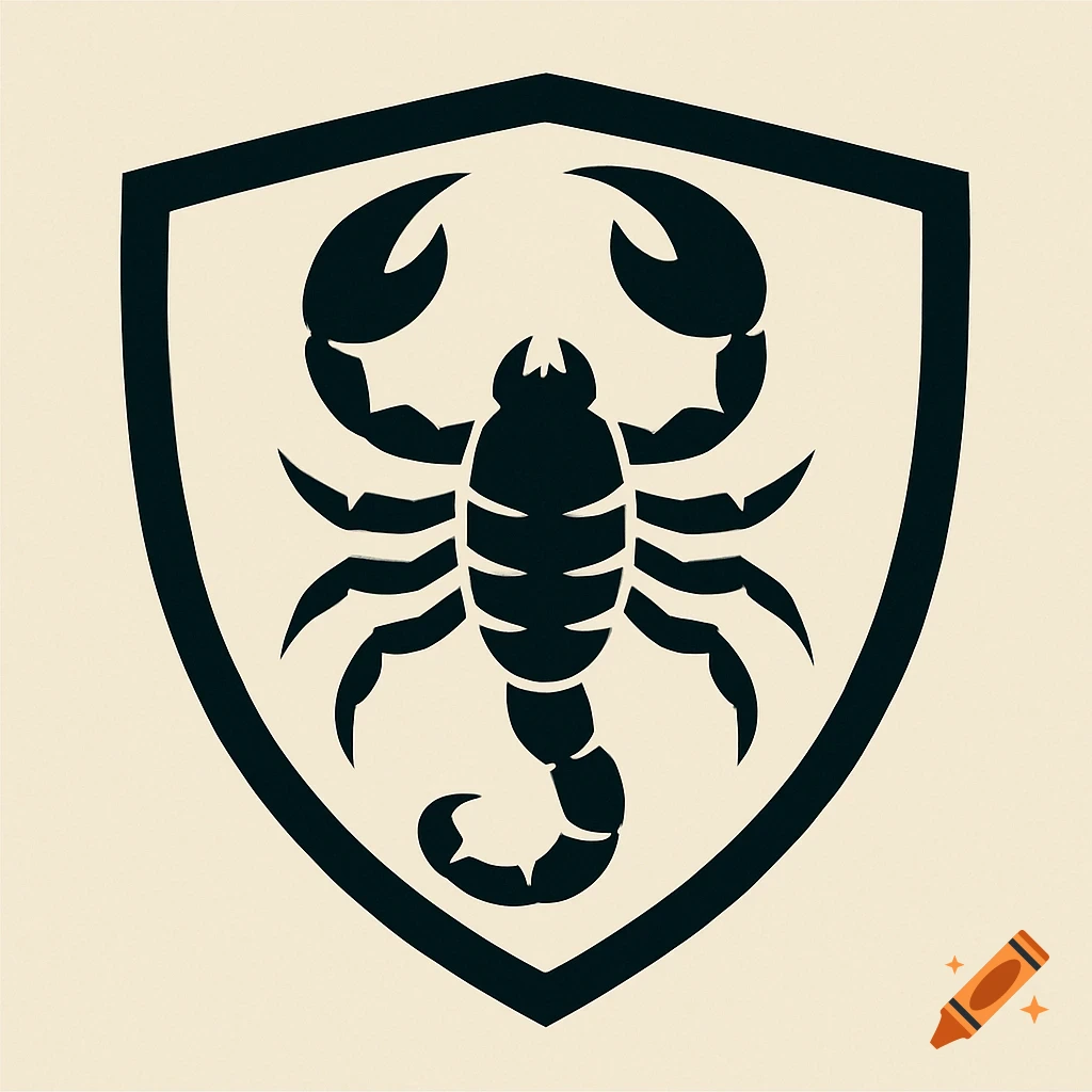 Black silhouette logo of a scorpion inside a shield shape on a light ...