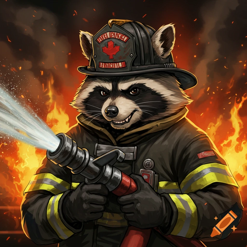 An anthropomorphic raccoon in a firefighter uniform sprays water at a ...