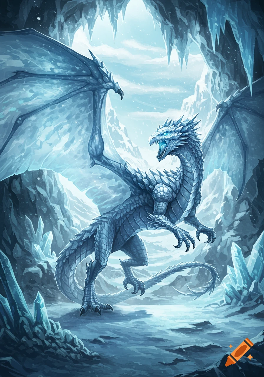 A large, detailed blue ice dragon stands in an icy cave. on Craiyon