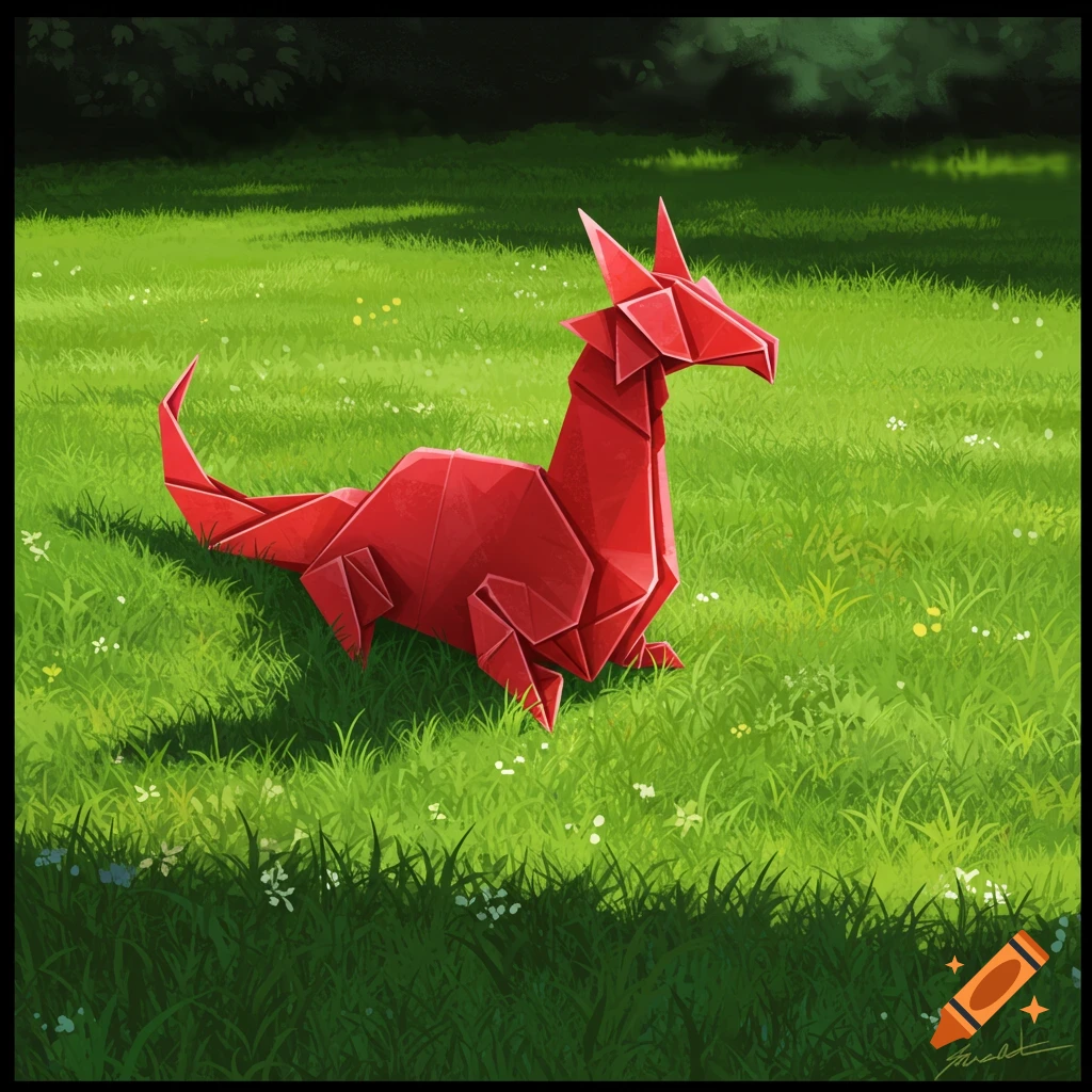 A red origami paper dragon sits on a green lawn. on Craiyon
