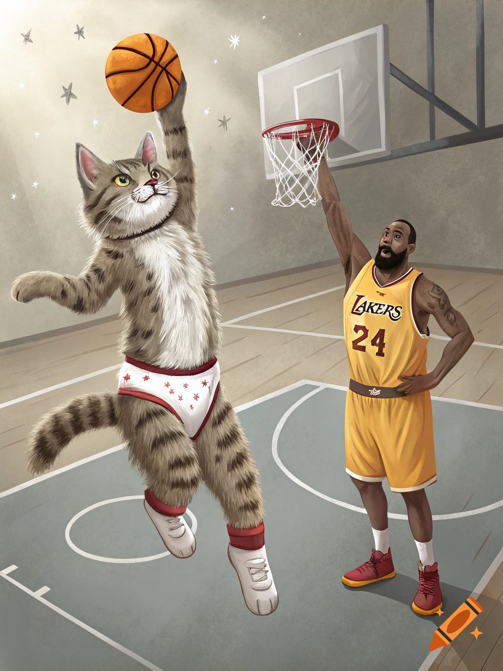 A cartoon cat in underwear dunks a basketball over a human player on a ...