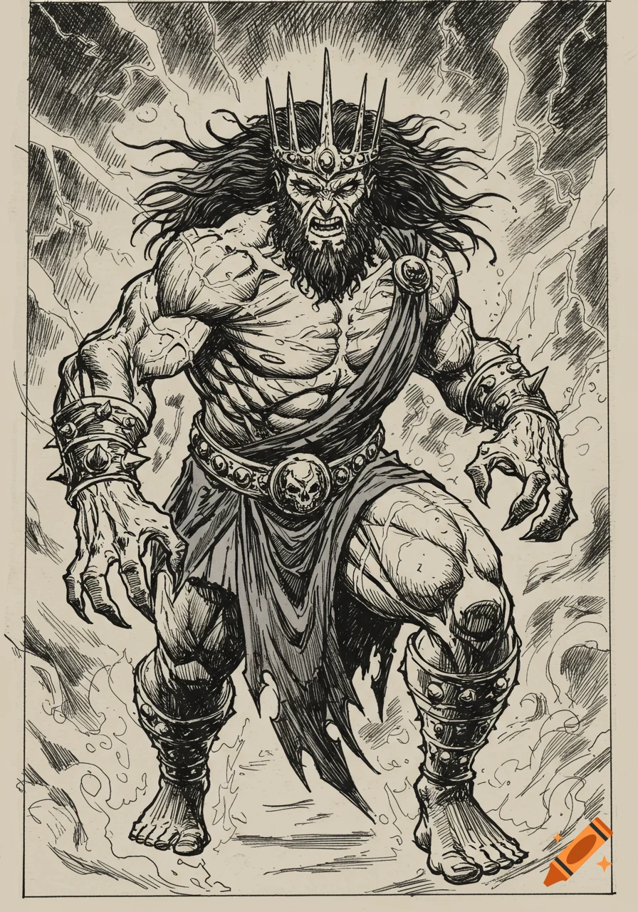 Sketch drawing of Cronus the Titan, a powerful muscular figure with a ...