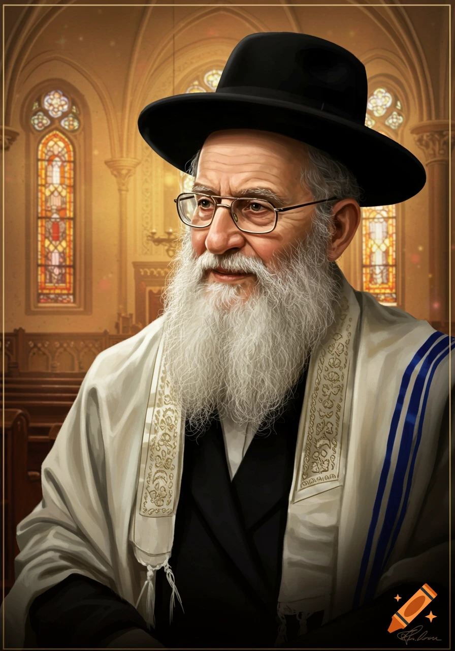 Portrait of an elderly rabbi wearing a hat and tallit in a synagogue ...