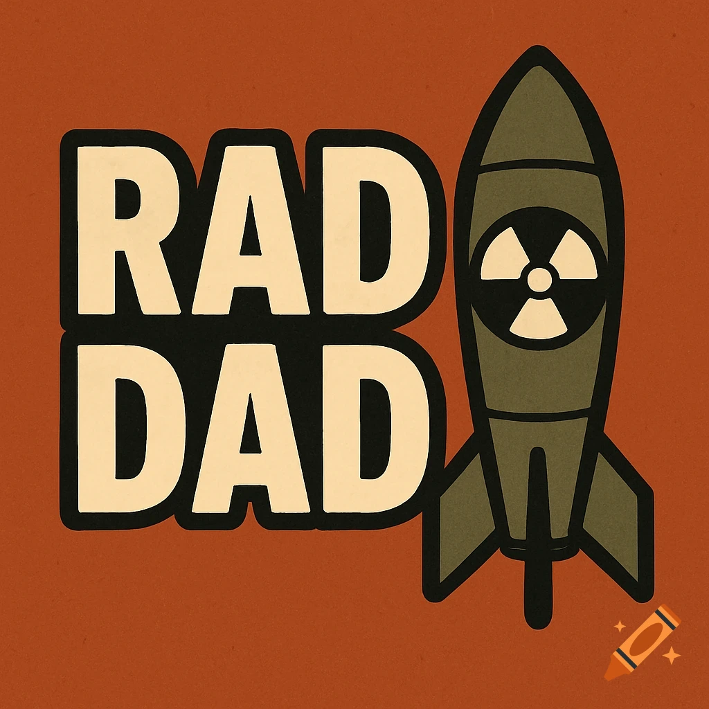Logo that says RAD DAD next to a missile with a radiation symbol ...