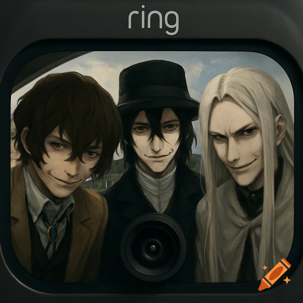Three anime men smile menacingly at a Ring doorbell camera. on Craiyon