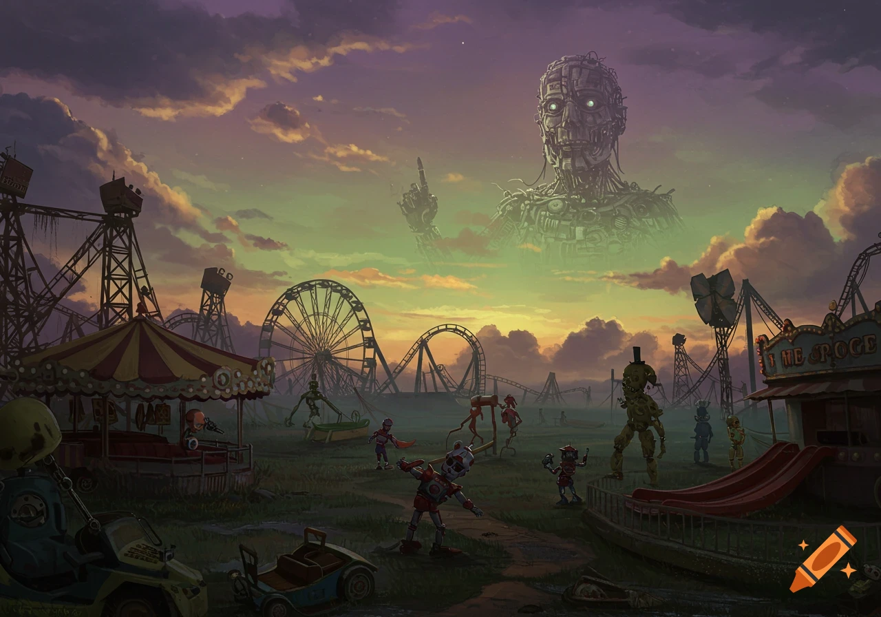 A creepy run-down amusement park with broken rides and unsettling ...