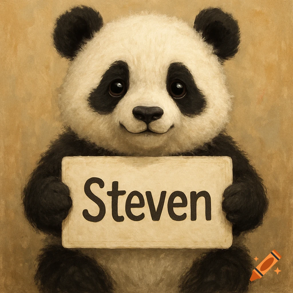 A cute illustrated panda holds a sign that reads 'Steven'. on Craiyon
