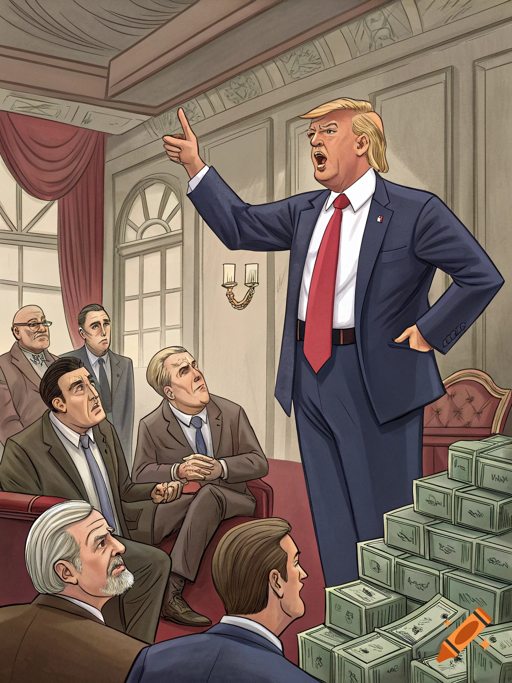 Political cartoon of Donald Trump speaking to men while standing next ...