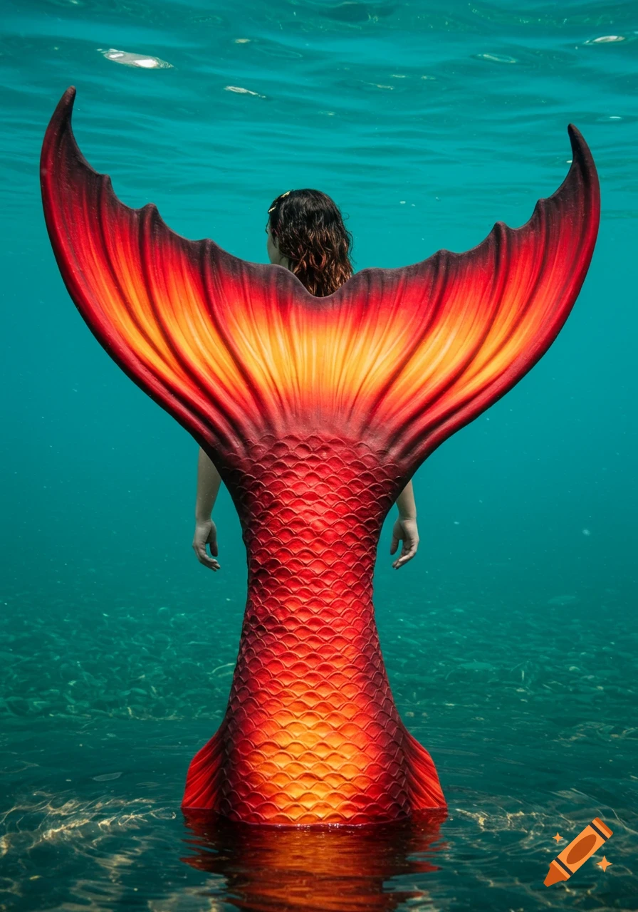 Person wearing a vibrant red and orange scaled mermaid tail partially ...