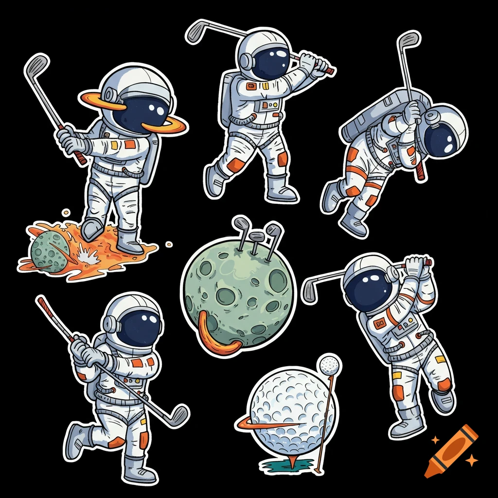 Cartoon stickers of astronauts playing golf in space with golf balls ...