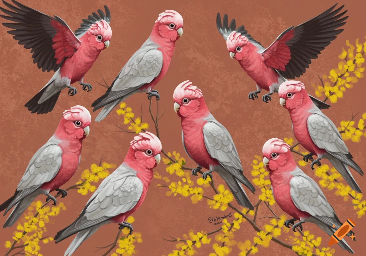 Illustration of multiple pink galahs sitting on branches with yellow ...