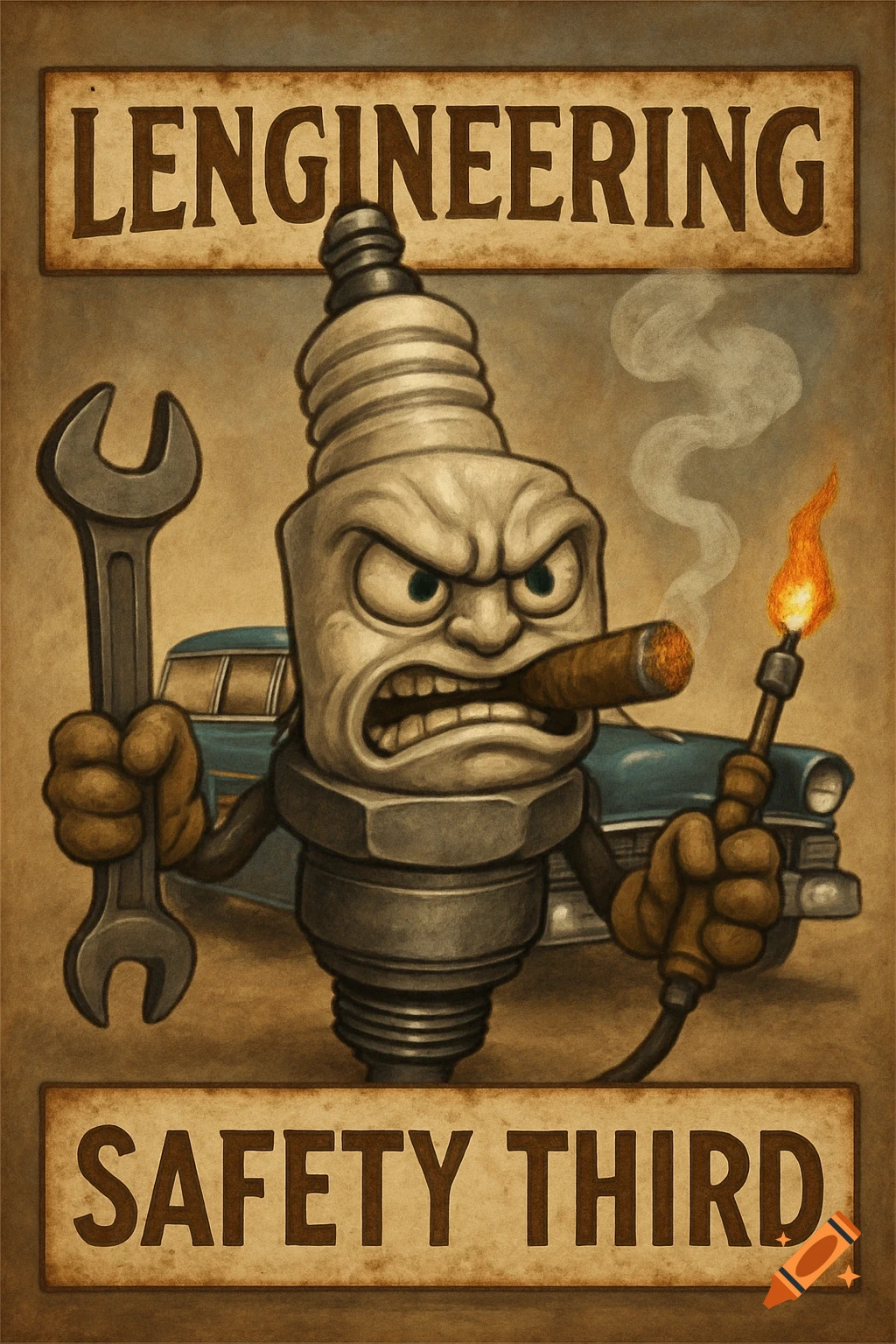 Angry cartoon spark plug with cigar, wrench, and torch in front of a ...