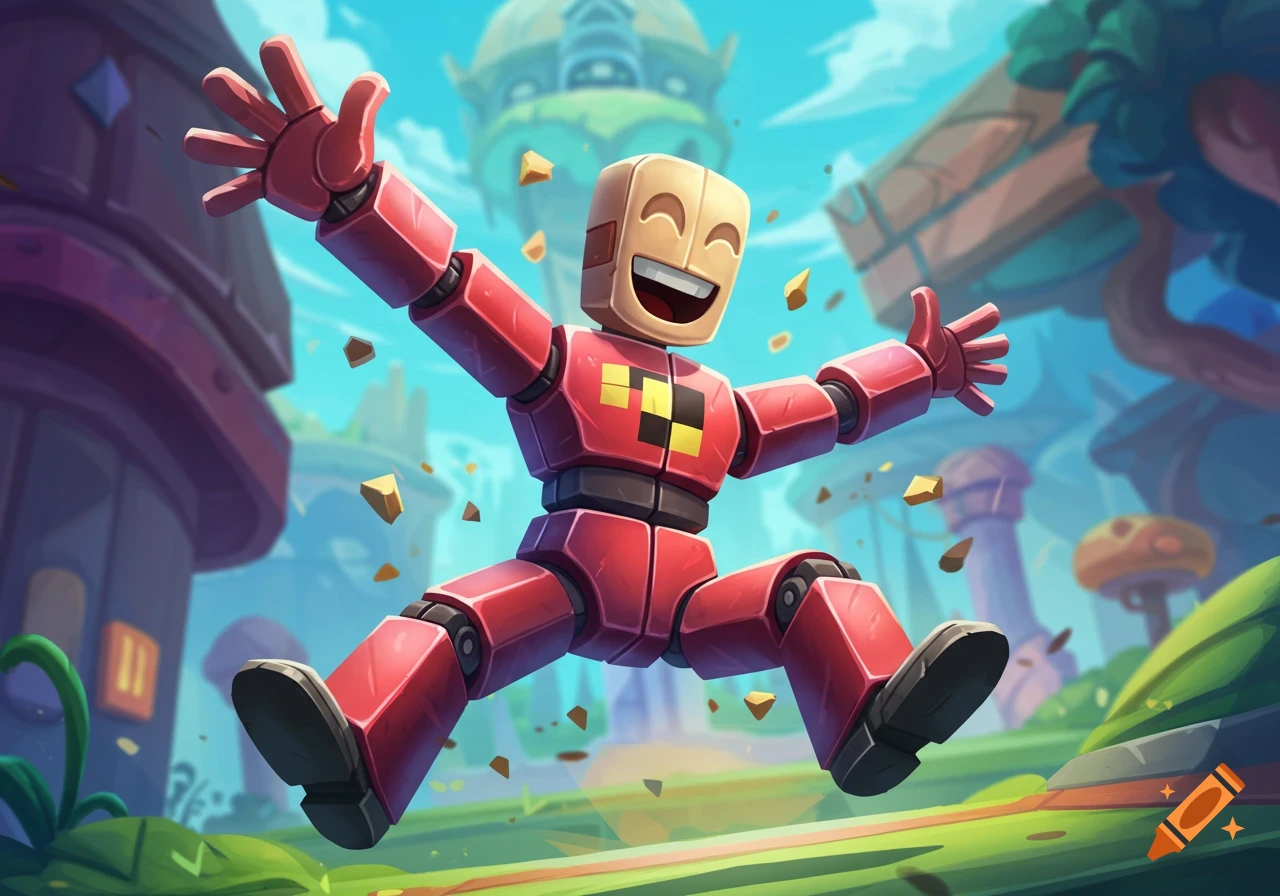 Cartoon crash test dummy jumping happily in a bright game art style ...