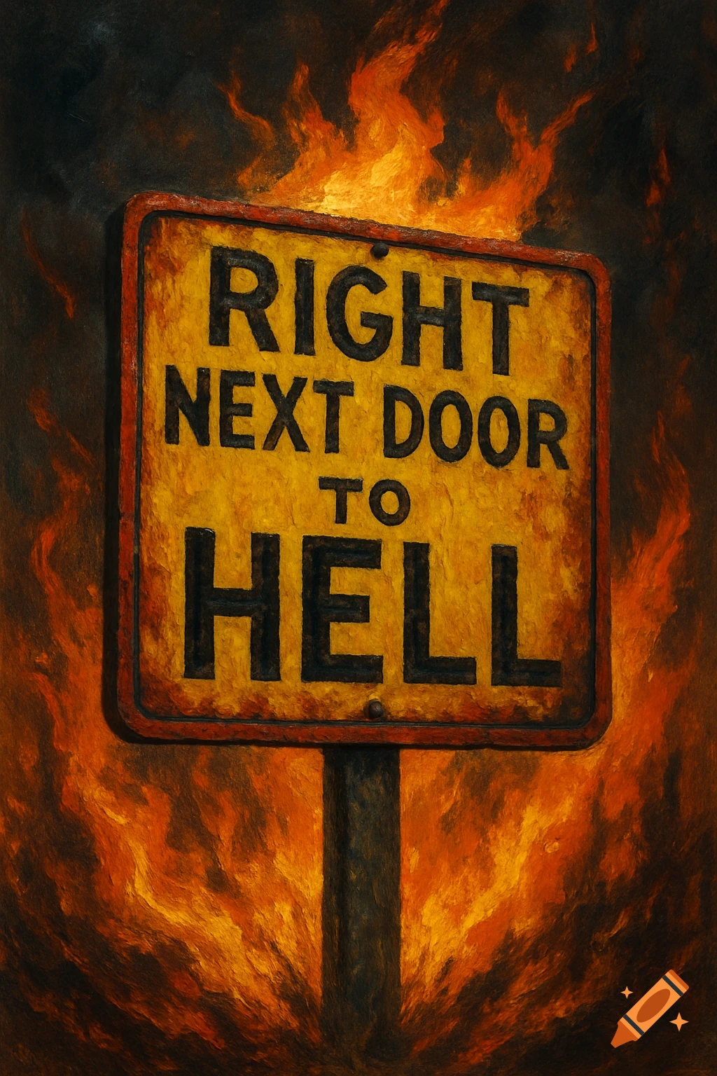 A distressed yellow sign that reads 'RIGHT NEXT DOOR TO HELL ...