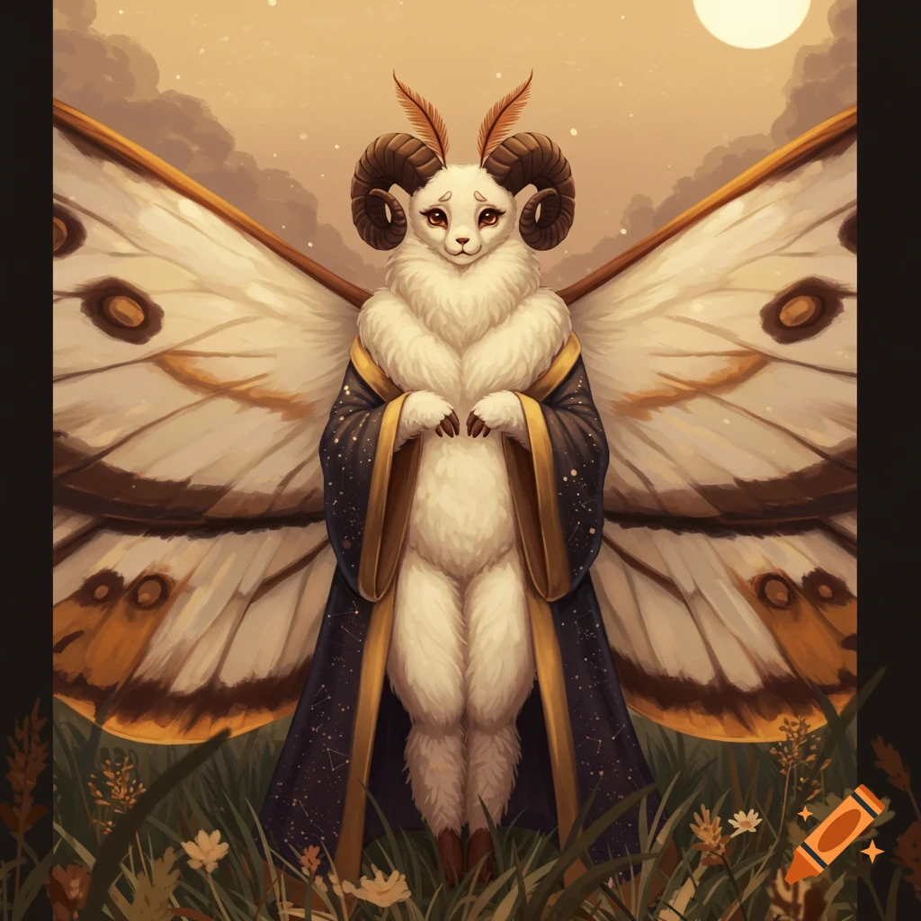 Furry moth creature with ram horns and large wings stands in a grassy field wearing a starry ...