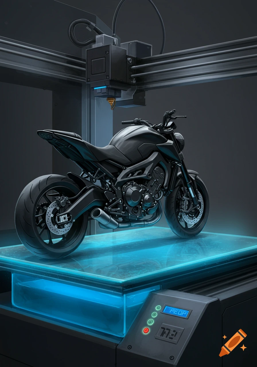 A detailed illustration of a motorcycle on the glowing base of a 3D ...