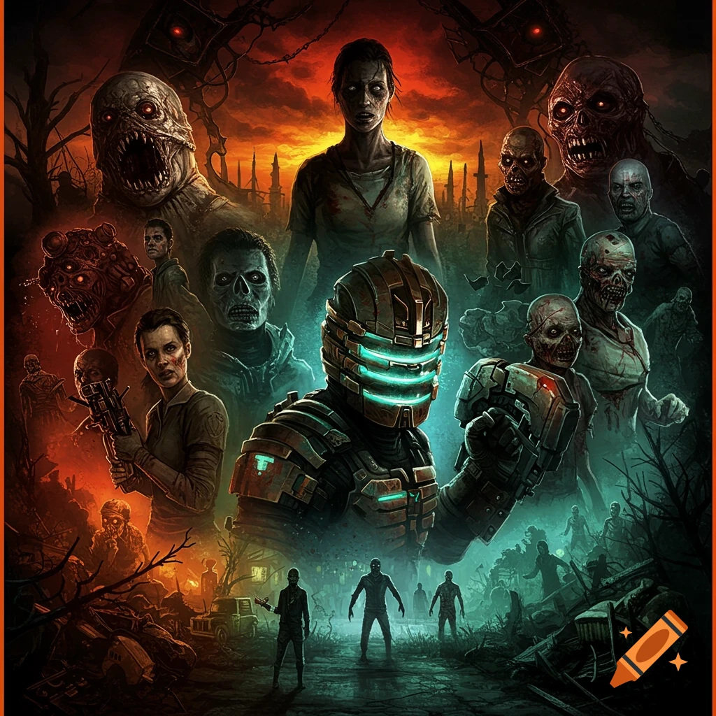 A sci-fi character fights off a swarm of zombies and monsters in a dark ...